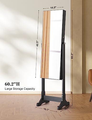 Nicetree Jewelry Cabinet with Full-Length Mirror, Standing Lockable Jewelry Armoire Mirror Organizer, 3 Angel Adjustable, Black