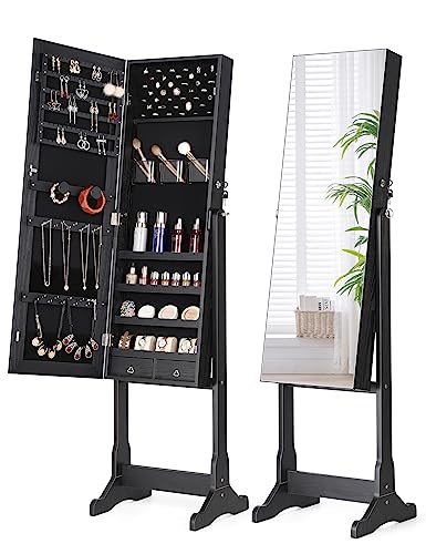 Nicetree Jewelry Cabinet with Full-Length Mirror, Standing Lockable Jewelry Armoire Mirror Organizer, 3 Angel Adjustable, Black