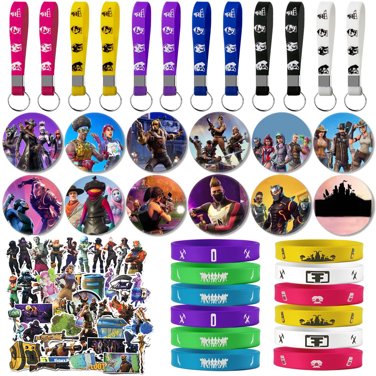 74Pcs Video Game Party Favors Supplies Gift Set Include 12 Bracelets 12 Button Pins 12 Keychains 38 Stickers Game Themed Party Favors Birthday Decorations for Kids Game Fans