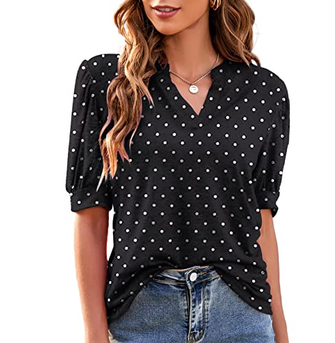 Summer Tops for Women 2023 Notch Neck Puff Short Sleeve Shirts for Women Tunic Tops for Women Loose Fit Solid Tops for Women Blouse Trendy Tops for Women Polka Dot Black L