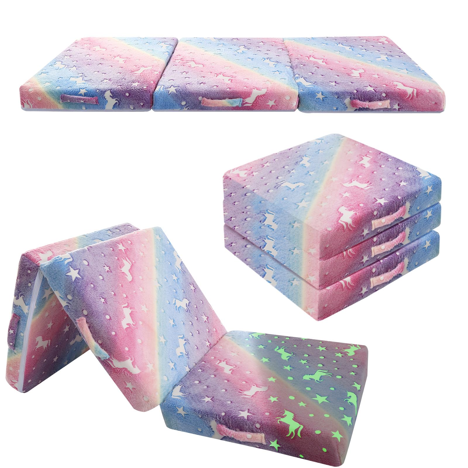 MeMoreCool Glow Rainbow Unicorn Foldable Floor Mattress for Kids, Trifold Nap Mat for Toddlers, Portable Daycare Sleeping Futon or Floor Bed, 63x26 Inch