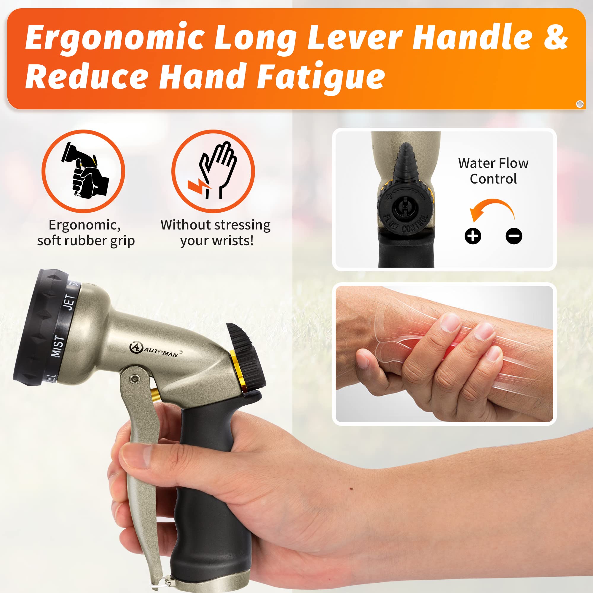 AUTOMAN Garden Hose Nozzle - 7 Patterns Sprayer, 100% Metal High Pressure Spray Nozzle, Labor-Saving Design, Heavy Duty Water Hose Nozzle for Garden Watering, Car Washing, Window Cleaning,Pets Bathing