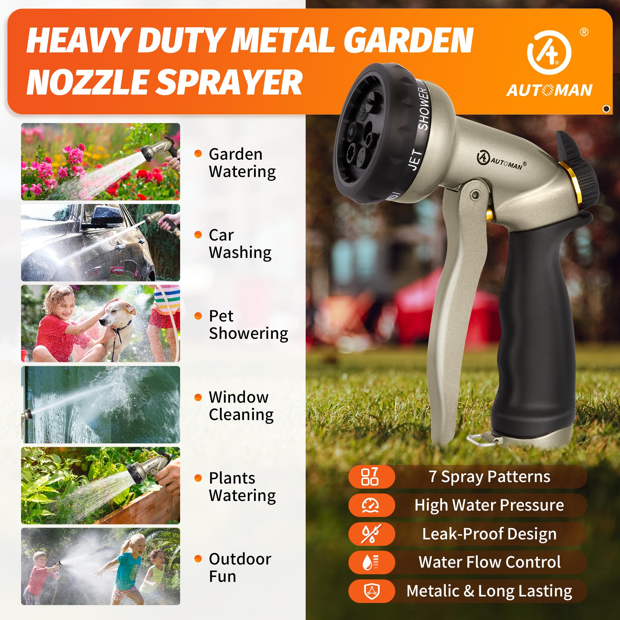AUTOMAN Garden Hose Nozzle - 7 Patterns Sprayer, 100% Metal High Pressure Spray Nozzle, Labor-Saving Design, Heavy Duty Water Hose Nozzle for Garden Watering, Car Washing, Window Cleaning,Pets Bathing