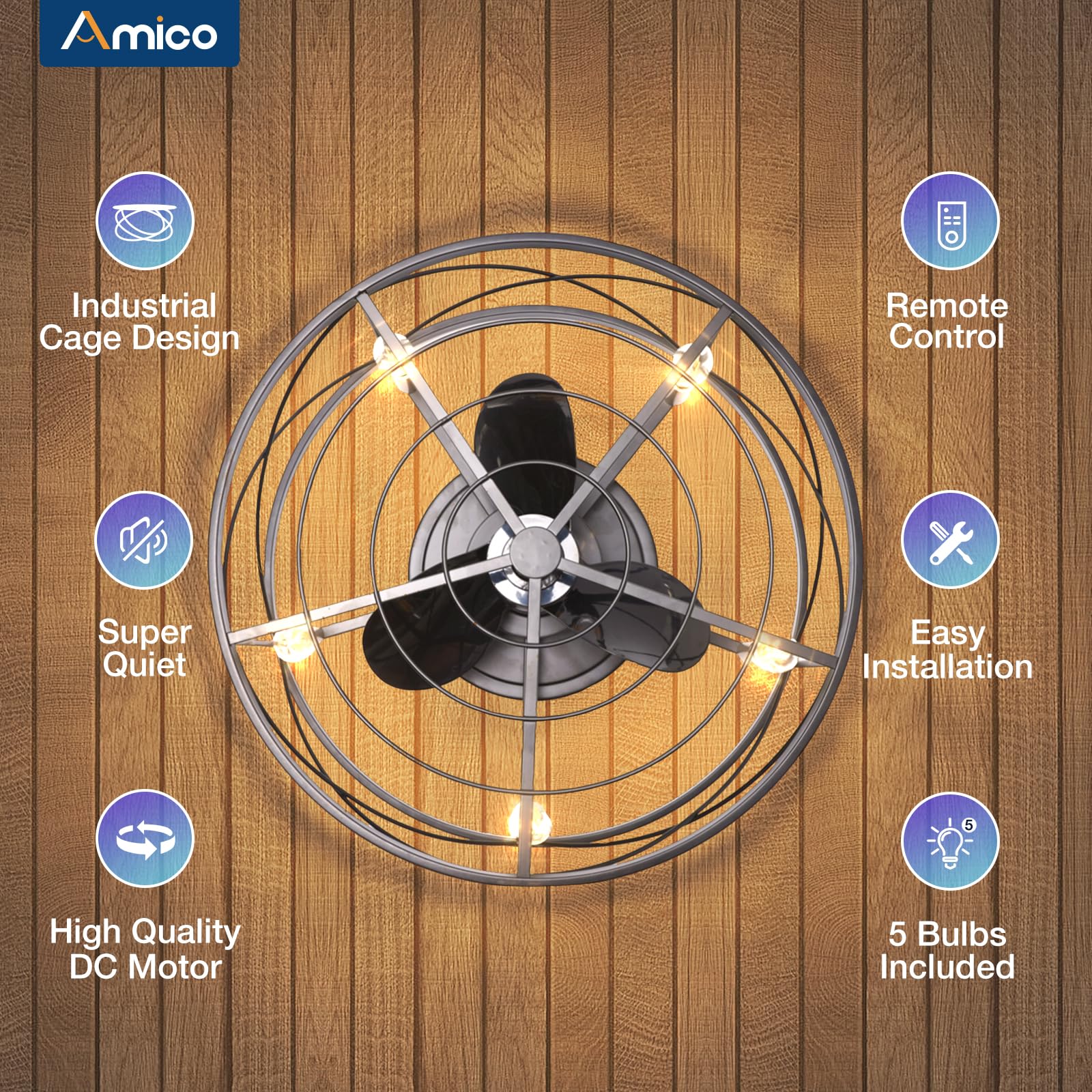 Amico 20 in caged ceiling fans with lights bladeless