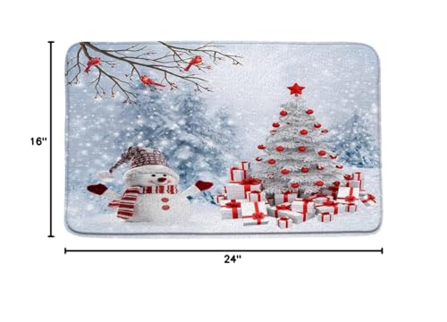 Merry Christmas Bath Mat Cute Snowman Xmas Tree Snowflake Pine Tree Forest Red Bird Berry Branch Winter Holiday Happy New Year Cartoon Bathroom Mat Microfiber Memory Foam Bath Decor Rugs