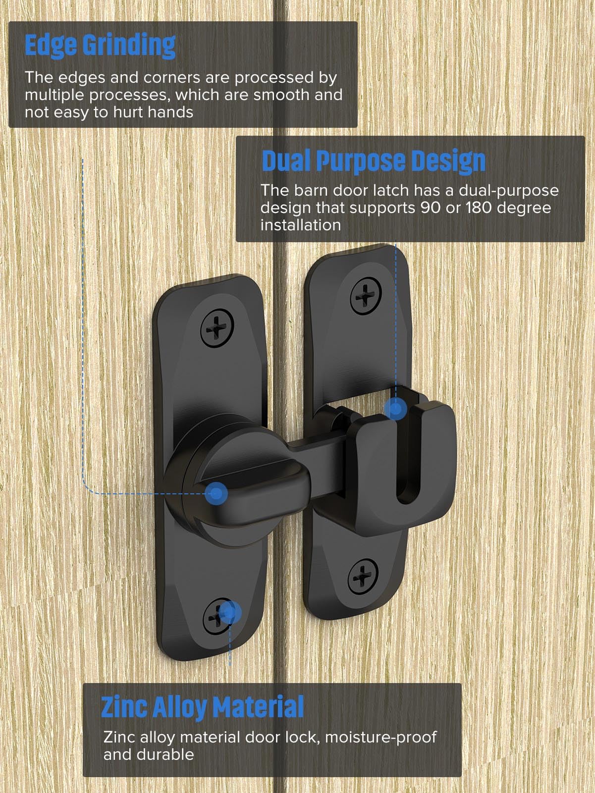 MeBantoo 90/180 Degree Flip Barn Door Lock, Protect Privacy - Security Sliding Door Latch, Small Gate Latches Hardware for Barn, Garden, Bathroom, Cabinet, Window (Black-1PC)