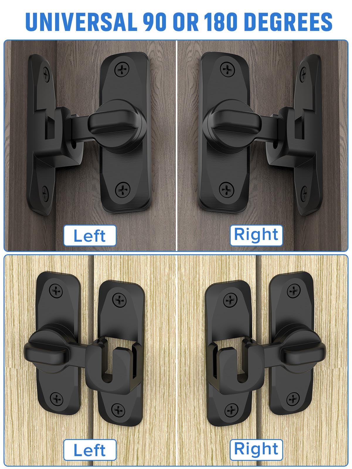 MeBantoo 90/180 Degree Flip Barn Door Lock, Protect Privacy - Security Sliding Door Latch, Small Gate Latches Hardware for Barn, Garden, Bathroom, Cabinet, Window (Black-1PC)
