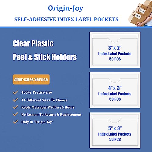 Origin-Joy 50 PCS Self-Adhesive Index Label Pockets, Clear Plastic Peel & Stick Card Holders with Top Open for Loading (2.5 x 1.5 inch)