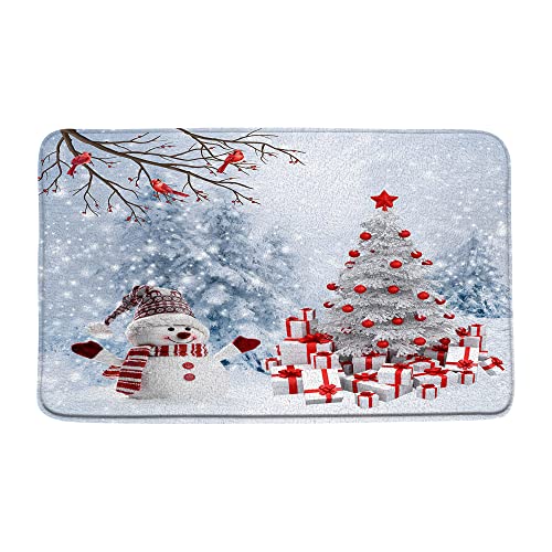 Merry Christmas Bath Mat Cute Snowman Xmas Tree Snowflake Pine Tree Forest Red Bird Berry Branch Winter Holiday Happy New Year Cartoon Bathroom Mat Microfiber Memory Foam Bath Decor Rugs