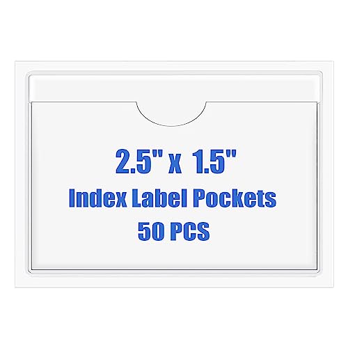 Origin-Joy 50 PCS Self-Adhesive Index Label Pockets, Clear Plastic Peel & Stick Card Holders with Top Open for Loading (2.5 x 1.5 inch)
