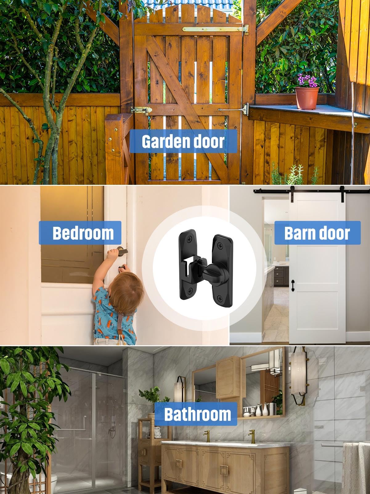 MeBantoo 90/180 Degree Flip Barn Door Lock, Protect Privacy - Security Sliding Door Latch, Small Gate Latches Hardware for Barn, Garden, Bathroom, Cabinet, Window (Black-1PC)