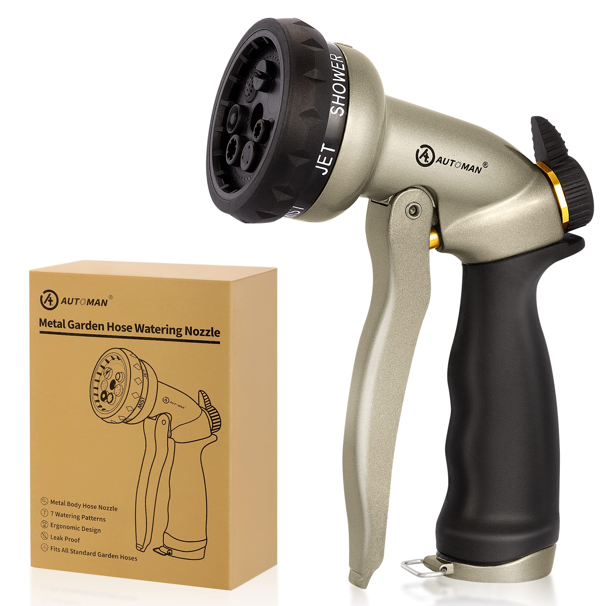 AUTOMAN Garden Hose Nozzle - 7 Patterns Sprayer, 100% Metal High Pressure Spray Nozzle, Labor-Saving Design, Heavy Duty Water Hose Nozzle for Garden Watering, Car Washing, Window Cleaning,Pets Bathing
