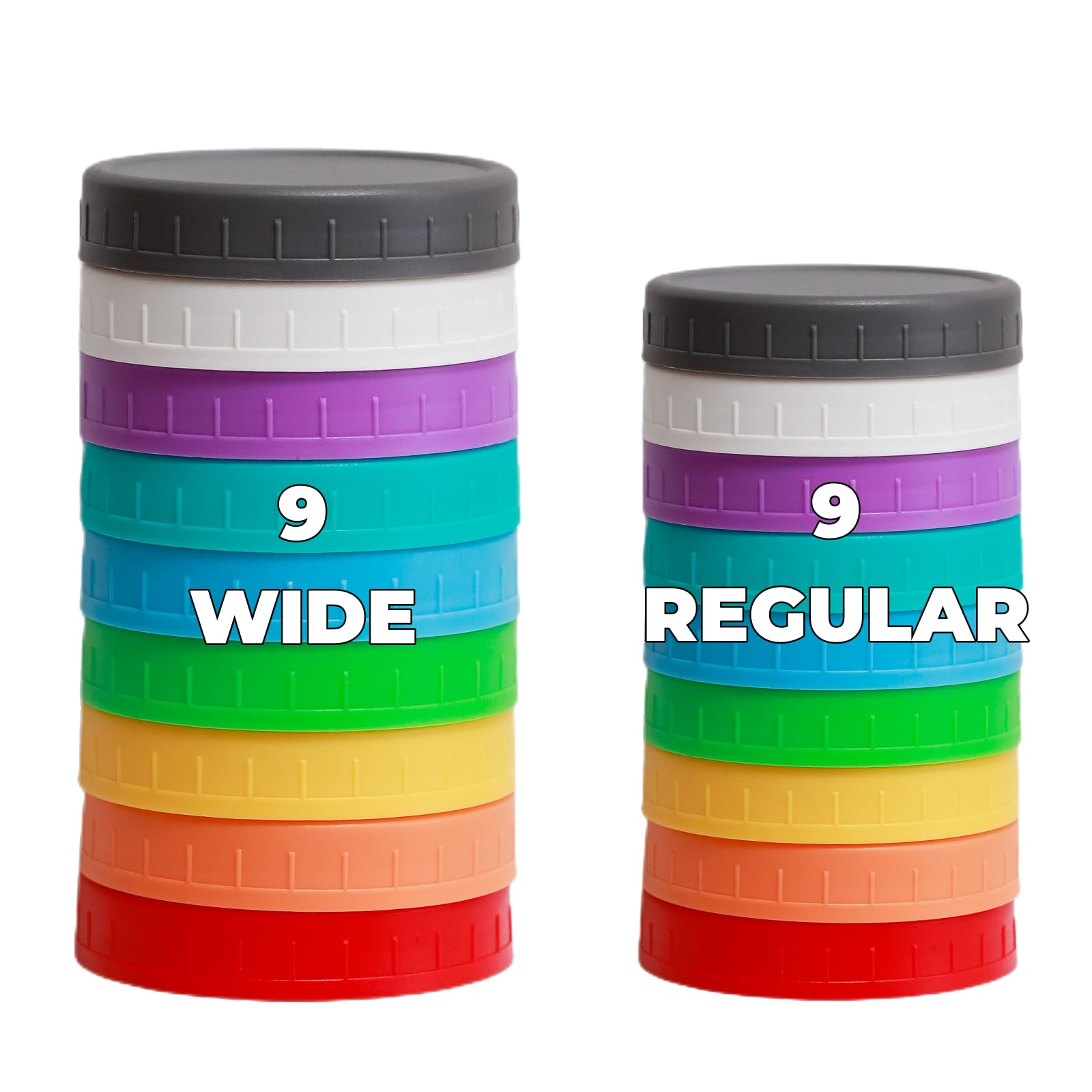 Jumterlee 18 Pack Plastic Mason Jar Lids with Silicone Rings,9 Colors to Choose,9 Wide Mouth & 9 Regular Mouth Mason Jar Lids,Plastic Canning Lids, Fit Ball,Kerr and More (Multicolored)