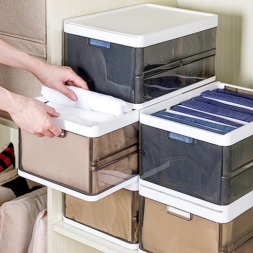 Homde Wardrobe Clothes Organizer for Jeans, 3 Pack Stackable Foldable Closet Drawer Organizer Storage Box Bin for Sweater, Bra, Underwear, T-shirts, Socks, with Cover and Handle, Plastic