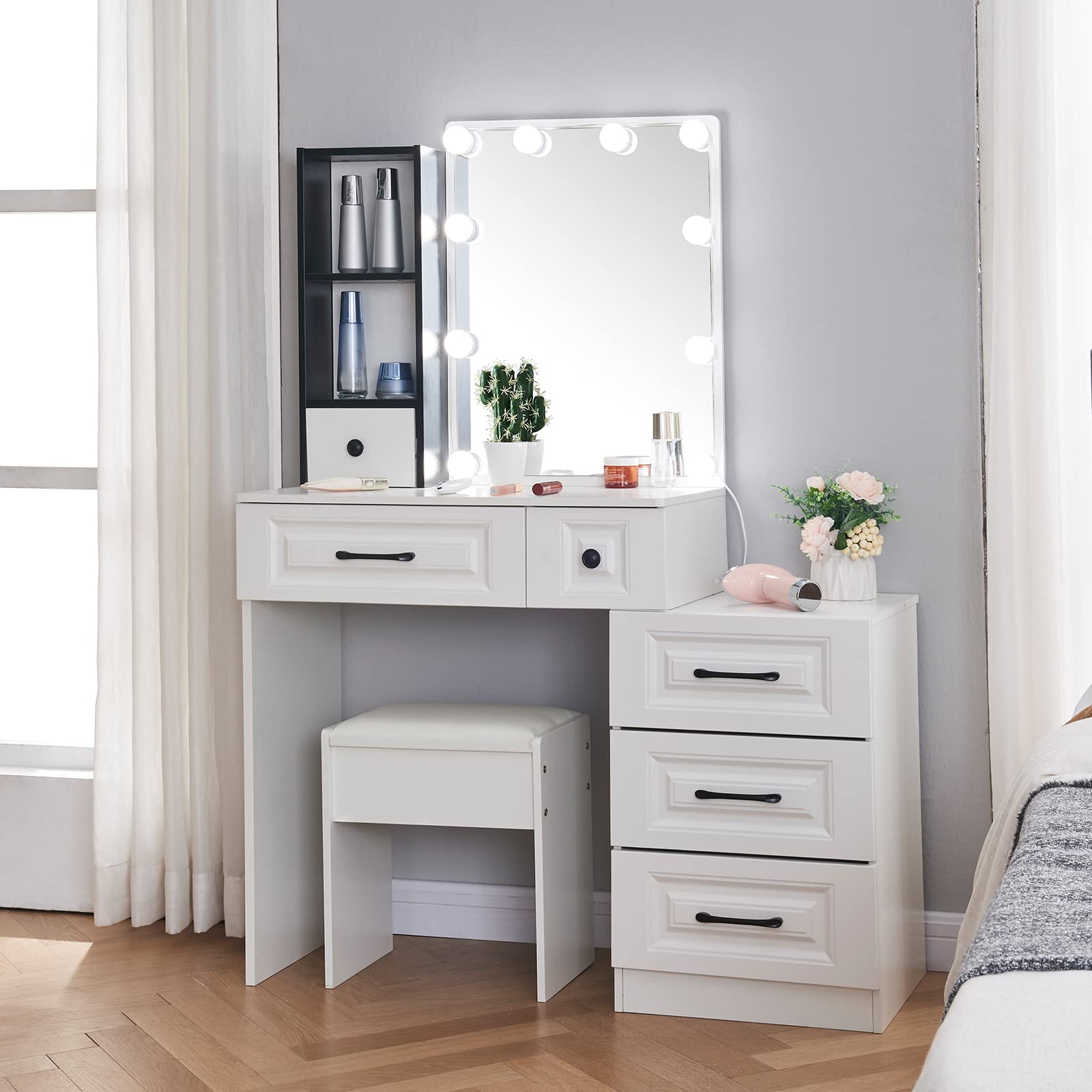 saicheng Vanity Desk with Mirror and Lights-3 Color and Brightness Adjustable, Vanity Set with Drawers and Chair, White Makeup Vanity Table for Girls
