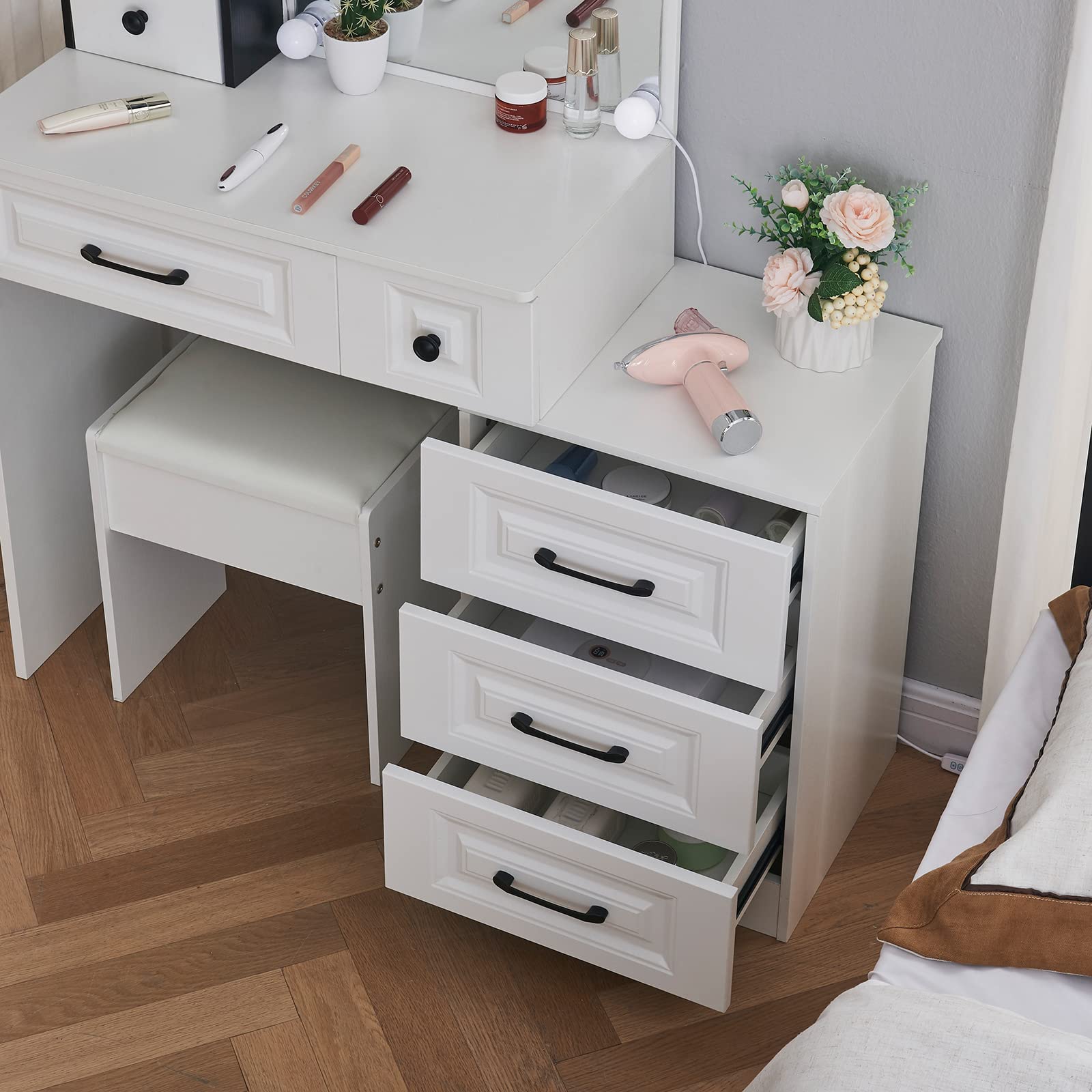 saicheng Vanity Desk with Mirror and Lights-3 Color and Brightness Adjustable, Vanity Set with Drawers and Chair, White Makeup Vanity Table for Girls