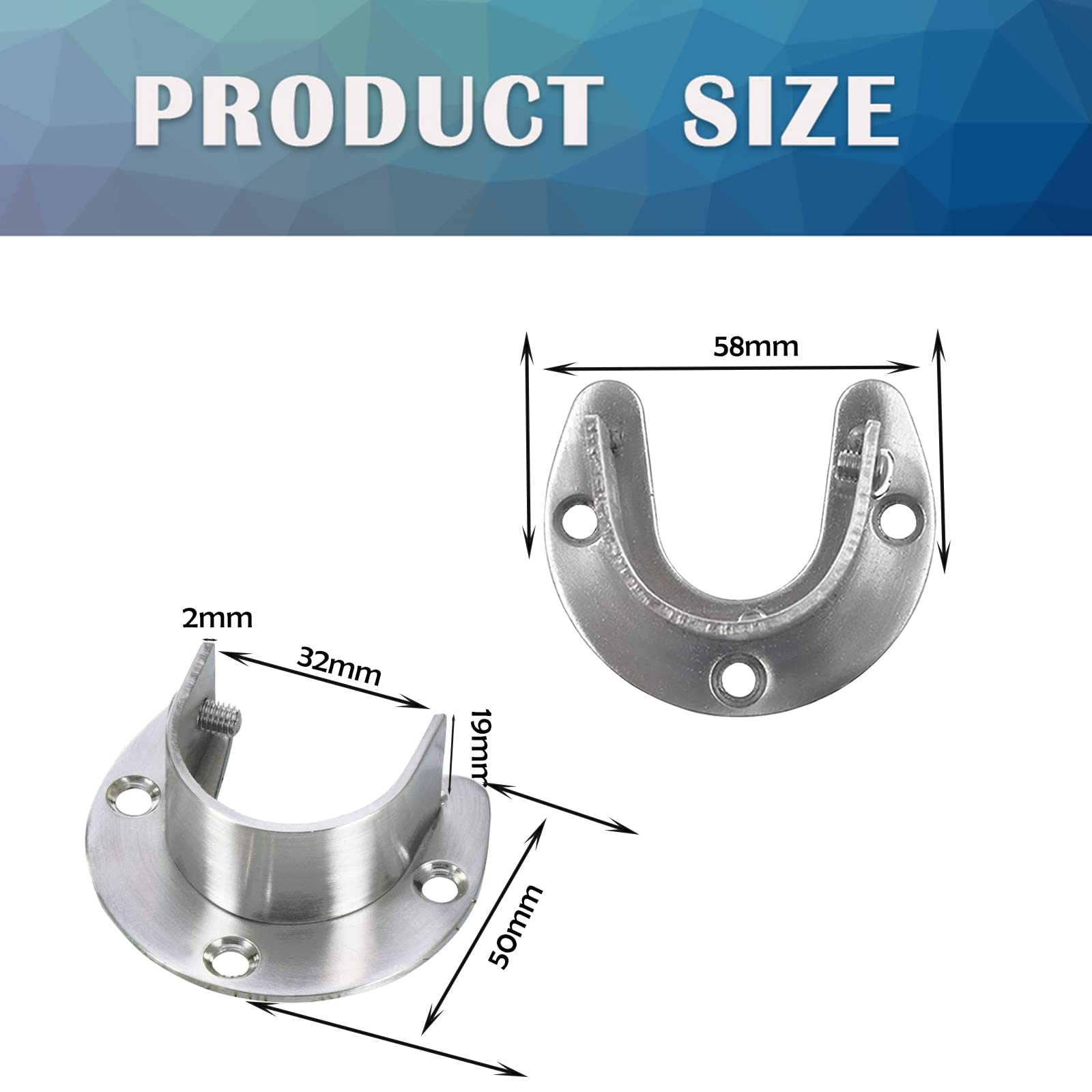 Hayeastdor 4 Packs Closet Rod Brackets, 1-1/4 Inch Closet Rod Support, Stainless Steel Curtain Rod Holders, Flange Set Closet Pole Holders with Screws, U-Shaped Open Type Closet Rod Brackets, Silver