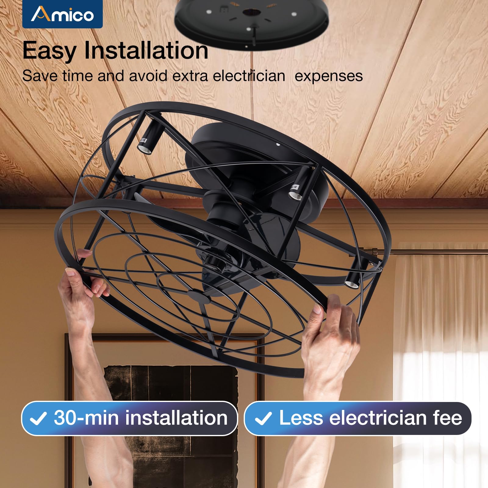 Amico 20 in caged ceiling fans with lights bladeless