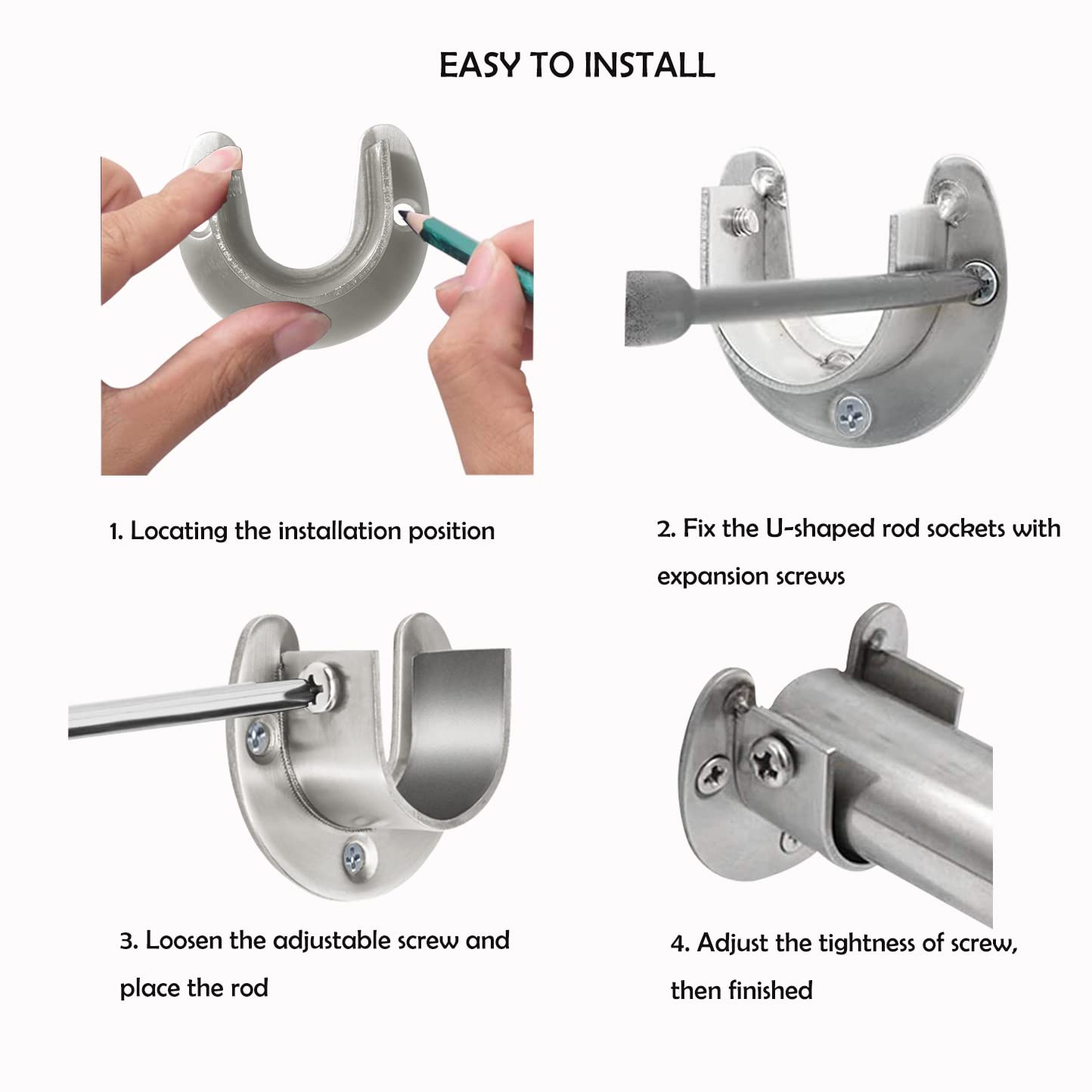 Hayeastdor 4 Packs Closet Rod Brackets, 1-1/4 Inch Closet Rod Support, Stainless Steel Curtain Rod Holders, Flange Set Closet Pole Holders with Screws, U-Shaped Open Type Closet Rod Brackets, Silver