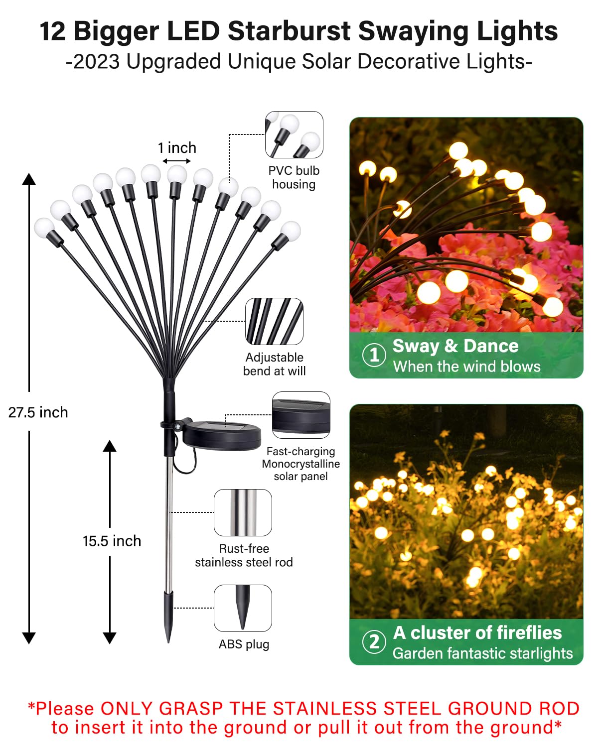 4 Pack 48 Big LEDs Solar Garden Lights-Firefly Lights Solar Outdoor Waterproof-2 Lighting Mode Solar Swaying Pathway Lights, Sway By Wind-Warm White Outdoor Solar Lights For Yard Patio Landscape Lawn