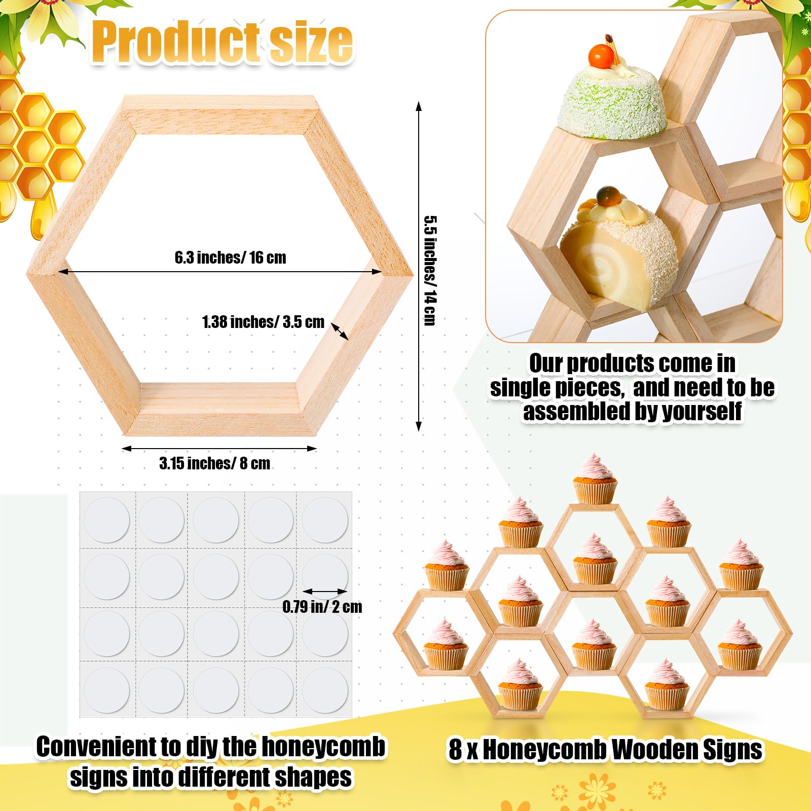 Kigley 8 Pcs Mini Honeycomb Cupcake Stand Wooden Hexagon Cake Display Holder Farmhouse Hexagonal Floating Table Sign for Baby Shower Birthday Party(Burly Wood)