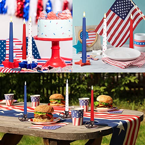 Patriotic Candles, Flameless Taper Candles with 3D Wick, 9.6" Real Wax Red White Star and Blue Candles with Remote and Timer