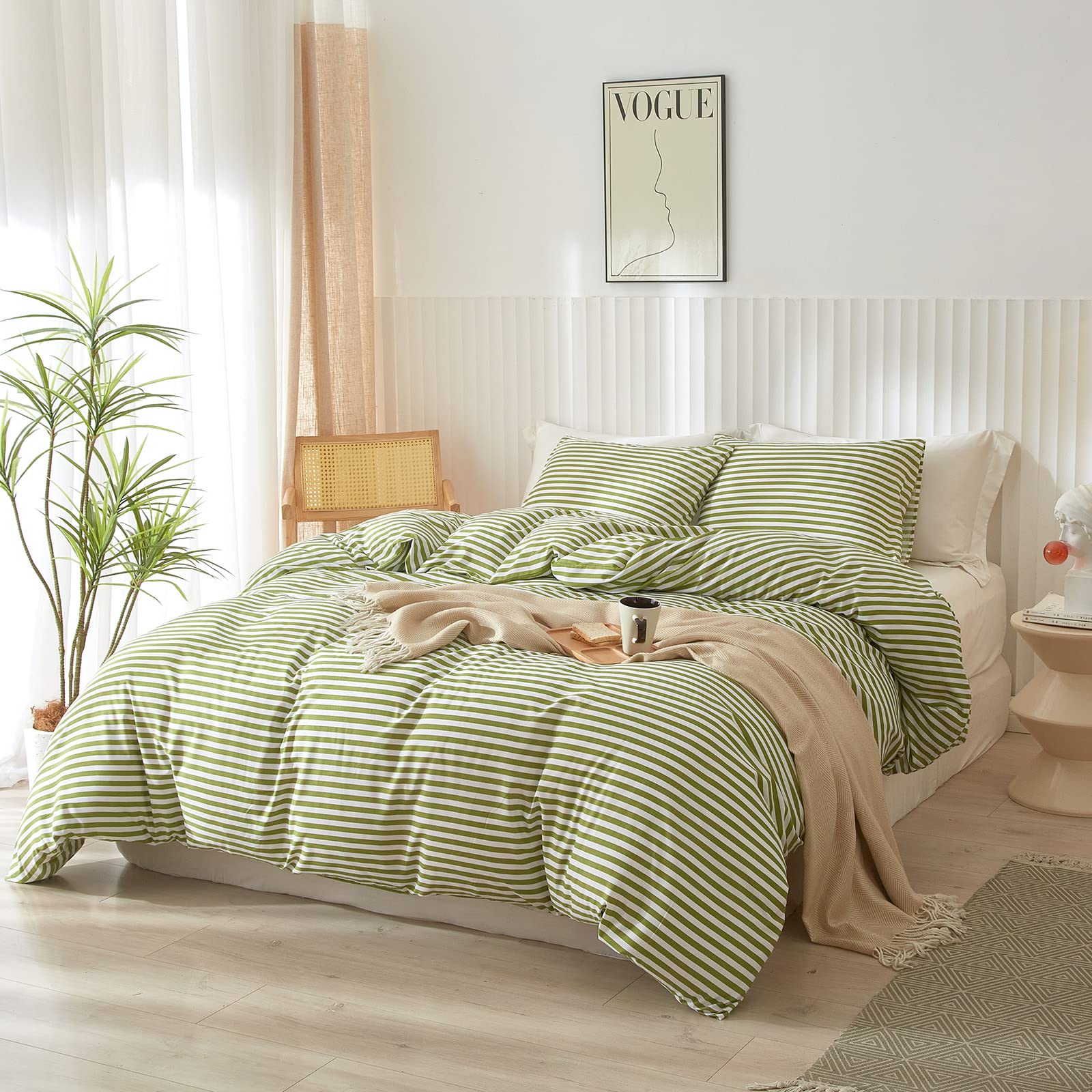 EAVD Duvet Cover Twin Green Striped Duvet Cover Soft Microfiber Green and White Striped Bedding Set with 2 Pillowcases Reversible Geometric Striped Comforter Cover with Zipper Closure