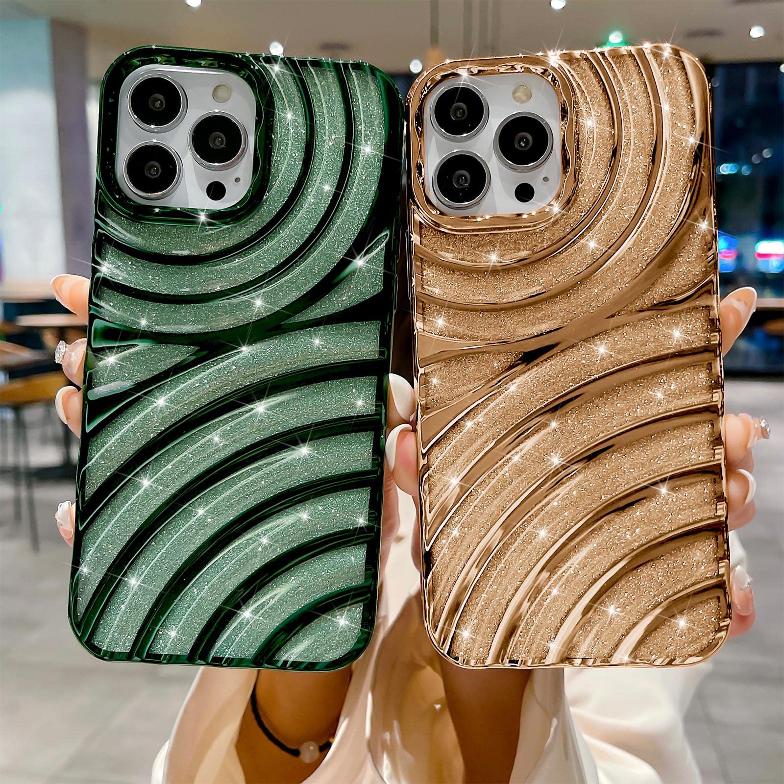 MGQILING Compatible with iPhone 13 Pro Max Case 6.7 Inch, Cute 3D Design Planting Water Ripple Case, Bling Sparkle Case for Women Girls, Soft Silicone Shockproof Camera Protective Back Cover-Gold