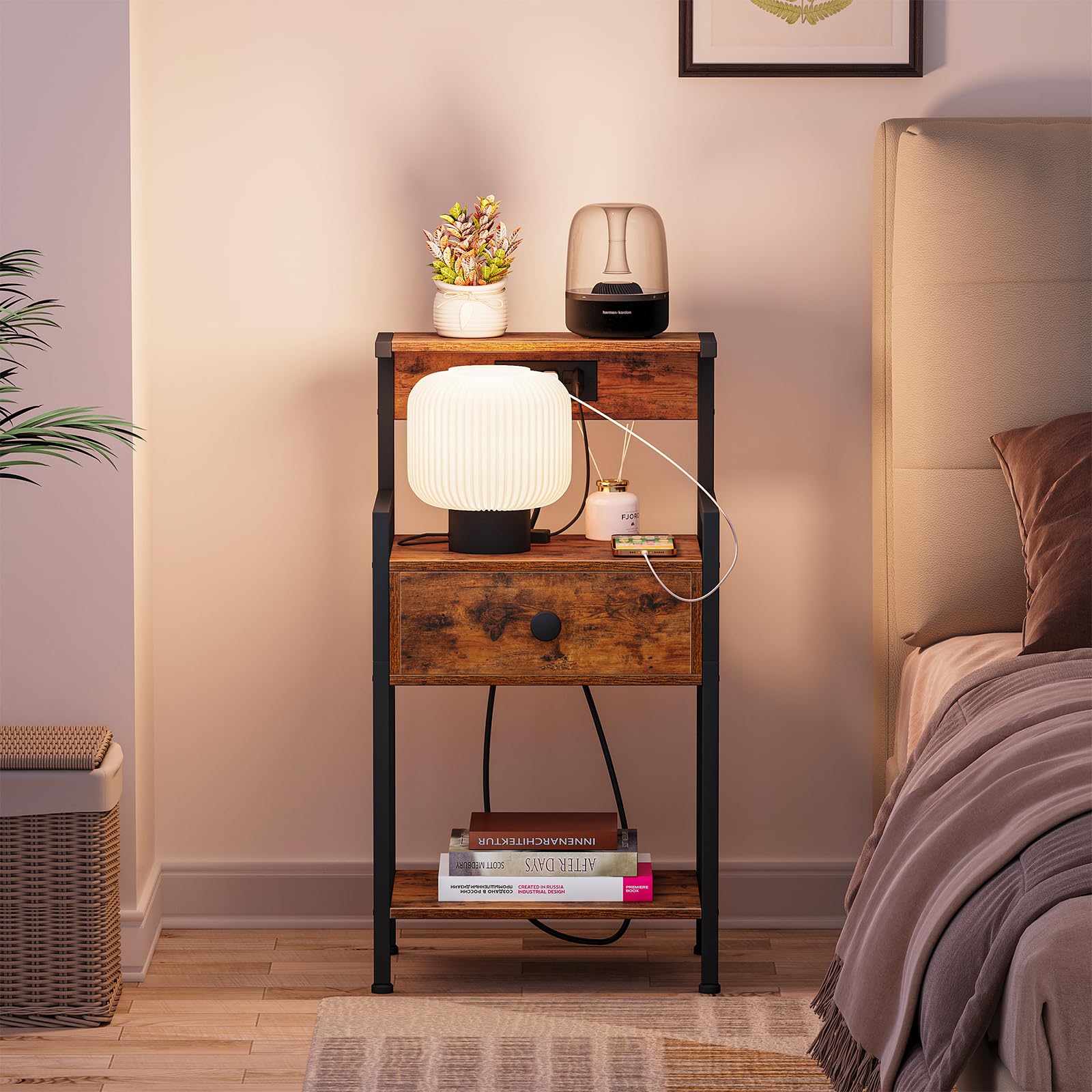 Snughome End Table with Charging Station, 3 Tier Side Table with Open Storage Shelves, Bedside Tables with Drawer, Nightstand with USB Ports & Outlets for Bedroom, Living Room