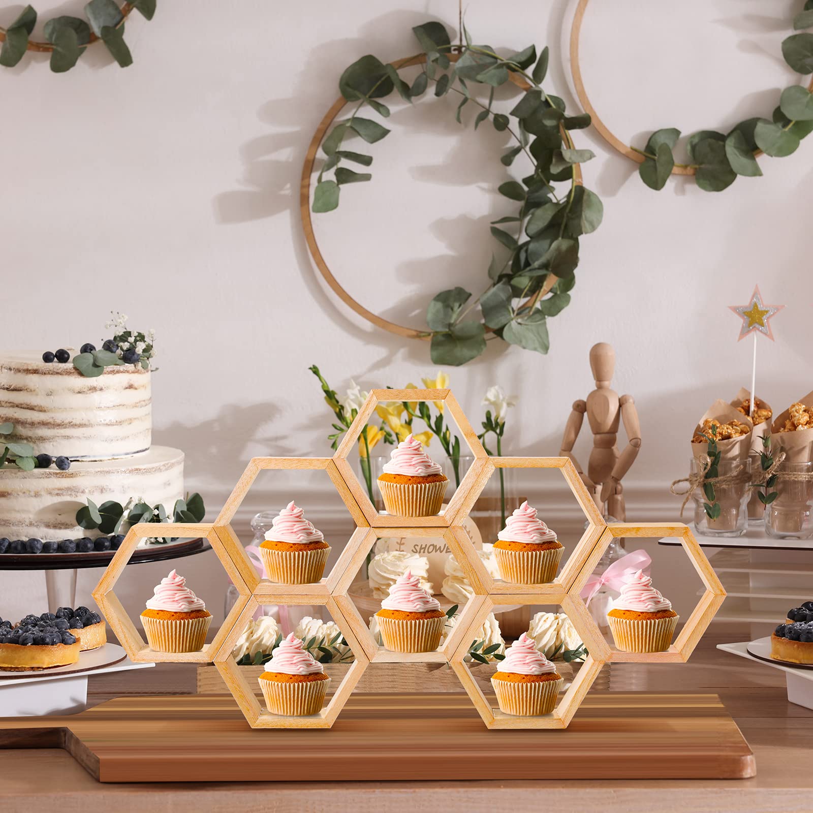 Kigley 8 Pcs Mini Honeycomb Cupcake Stand Wooden Hexagon Cake Display Holder Farmhouse Hexagonal Floating Table Sign for Baby Shower Birthday Party(Burly Wood)