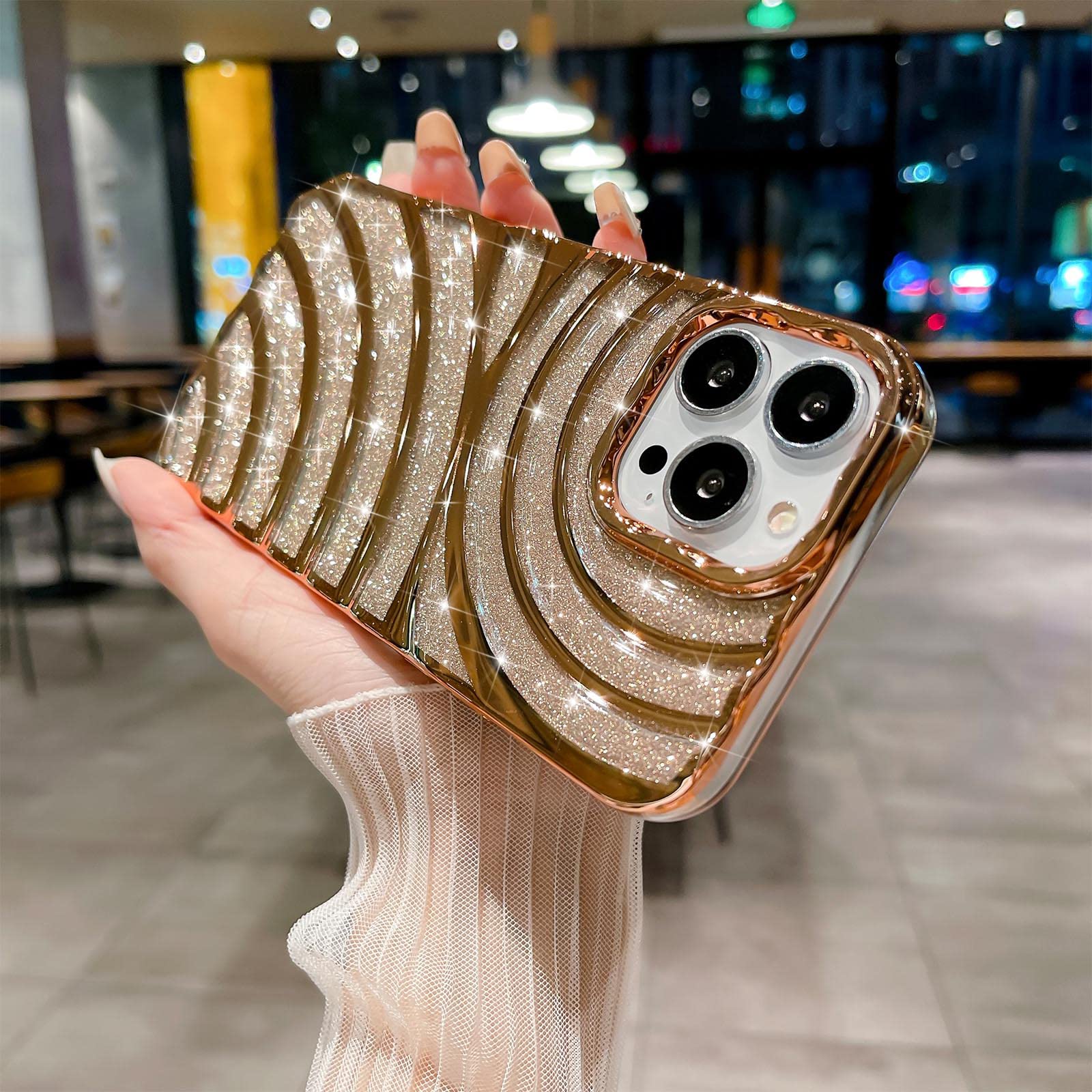 MGQILING Compatible with iPhone 13 Pro Max Case 6.7 Inch, Cute 3D Design Planting Water Ripple Case, Bling Sparkle Case for Women Girls, Soft Silicone Shockproof Camera Protective Back Cover-Gold