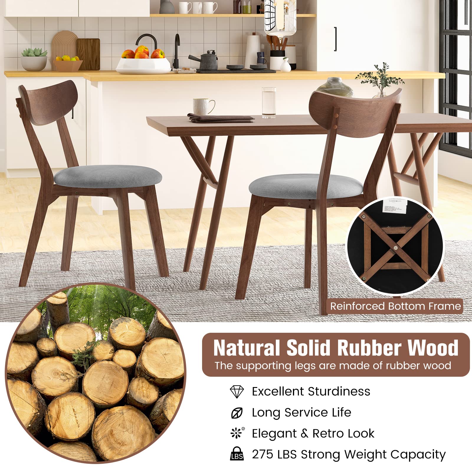 COSTWAY Dining Chairs Set of 2, Mid-Century Modern Kitchen & Dining Chairs with Curved Back and Cushioned Seat, Walnut Finished Wood Living Room Side Chairs for Kitchen, Dining Room, Bistro