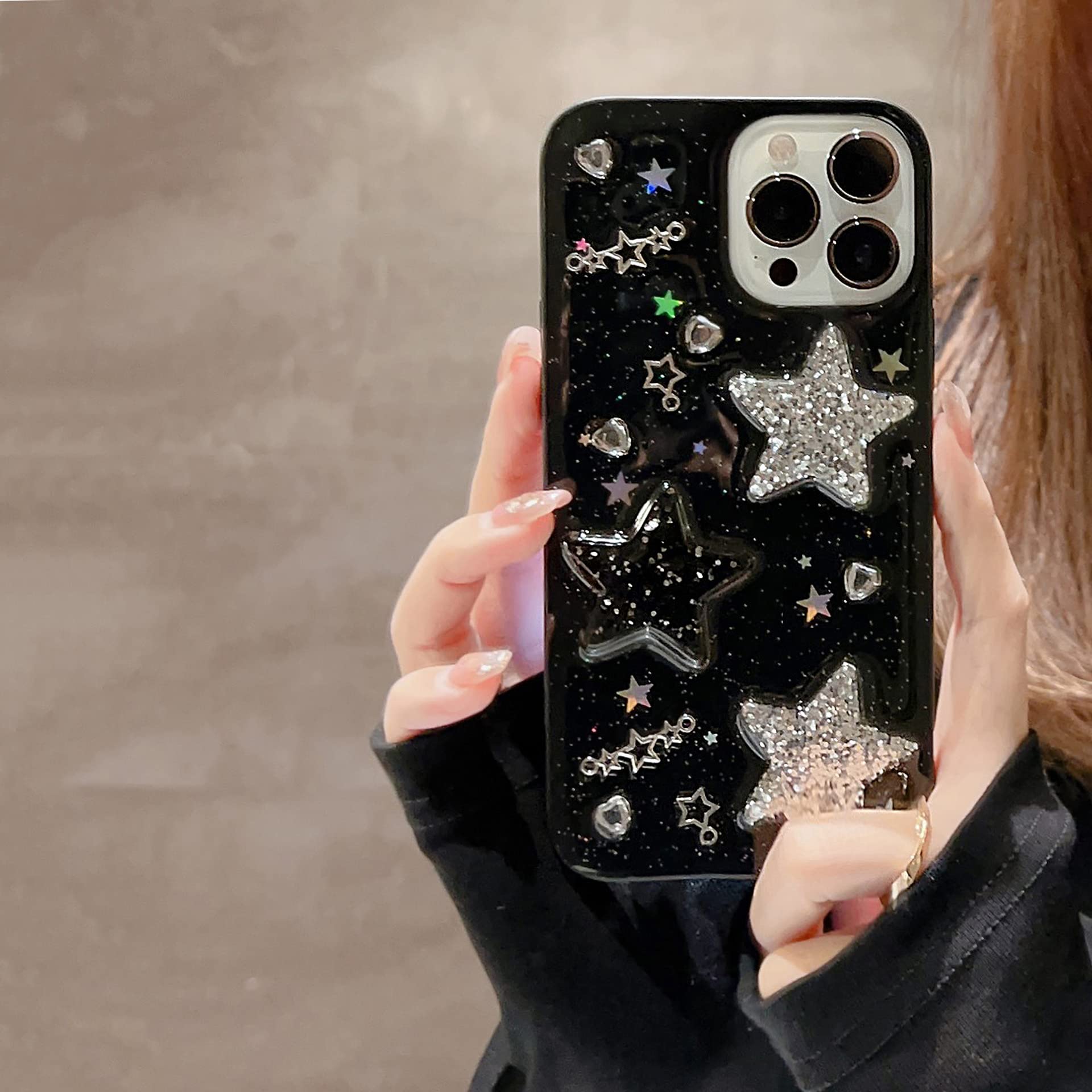 LOLAGIGI for iPhone 13 Pro Max Case Bling Stars 3D Hearts Diamond Twinkle Star Glitter Y2K Spark Luxury Girly Aesthetic Personalized Design for Women Girls Teens TPU Case, 6.7", Black