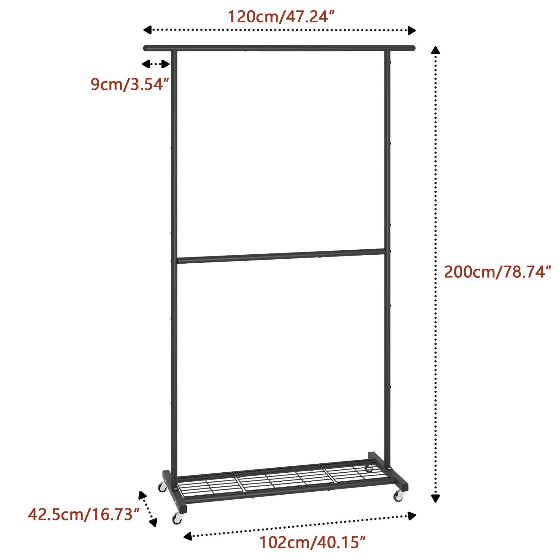 Sywhitta Double Rod Clothing Garment Rack, Rolling Coat Hanger with Bottom Mesh, Clothing Rack for Hanging Clothes, Coats, Skirts, Sweaters, Black
