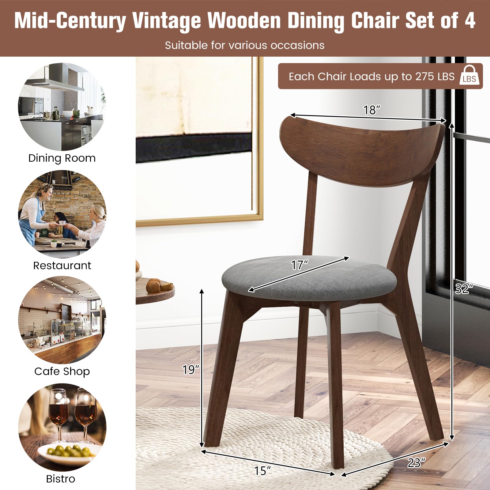 COSTWAY Dining Chairs Set of 2, Mid-Century Modern Kitchen & Dining Chairs with Curved Back and Cushioned Seat, Walnut Finished Wood Living Room Side Chairs for Kitchen, Dining Room, Bistro