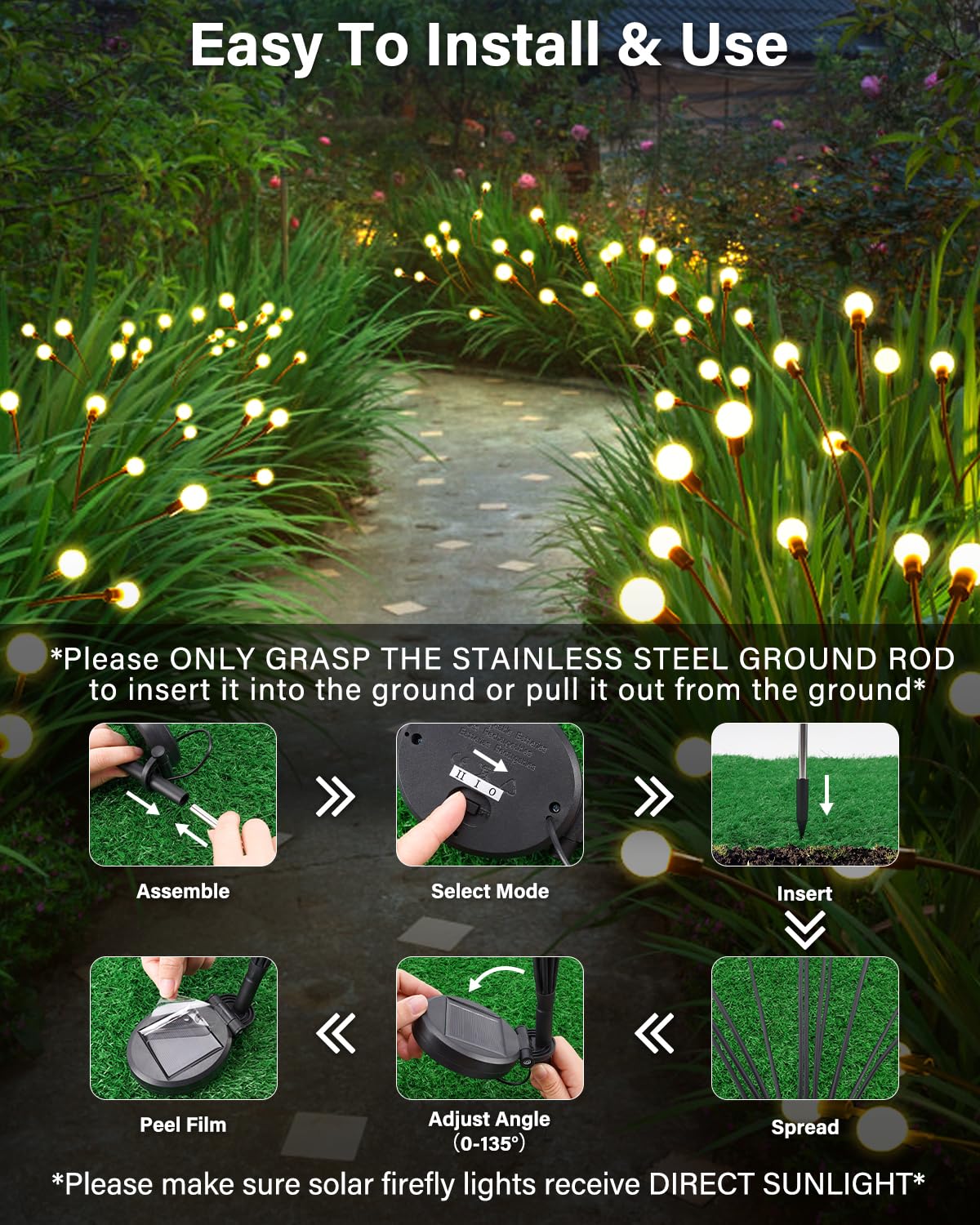 4 Pack 48 Big LEDs Solar Garden Lights-Firefly Lights Solar Outdoor Waterproof-2 Lighting Mode Solar Swaying Pathway Lights, Sway By Wind-Warm White Outdoor Solar Lights For Yard Patio Landscape Lawn