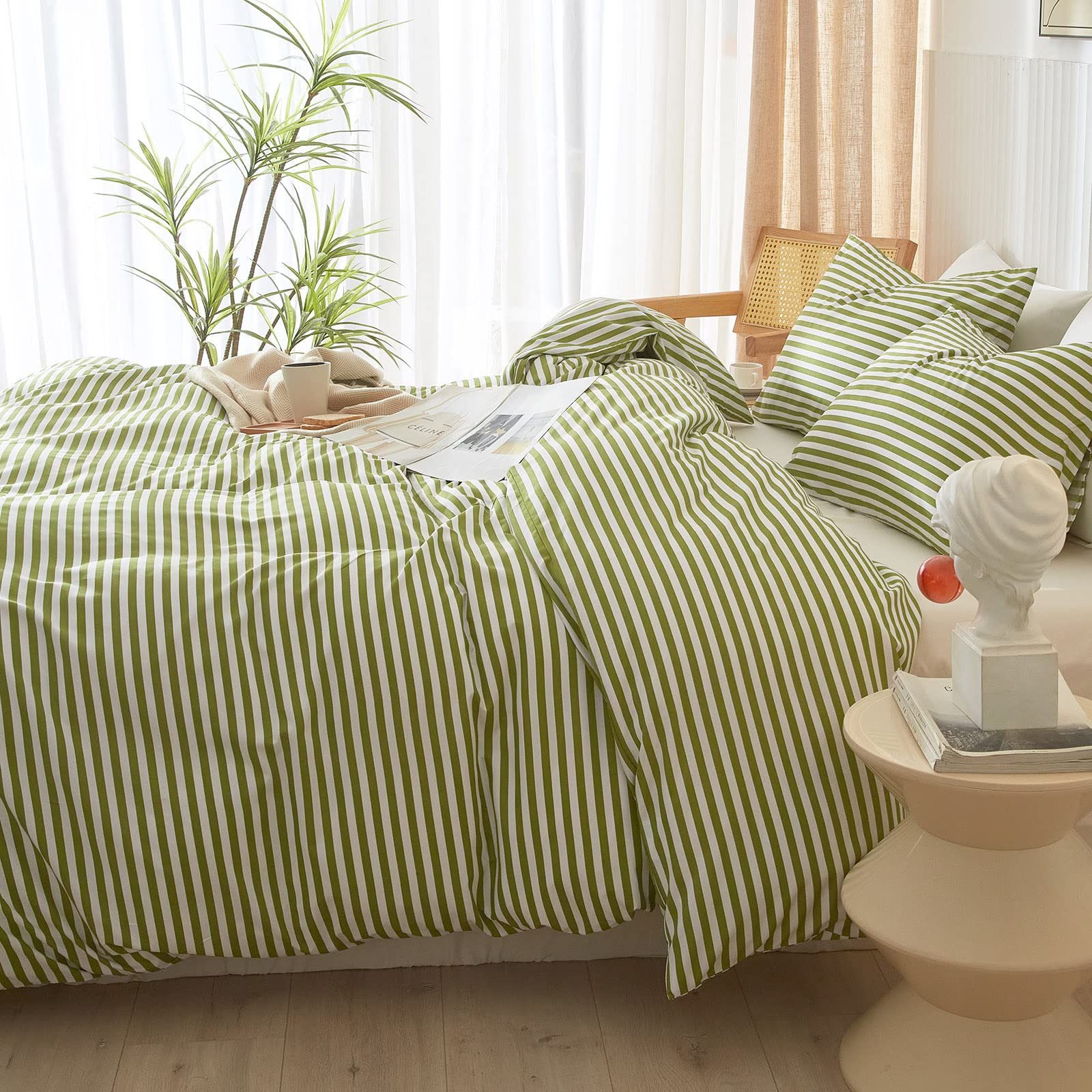 EAVD Duvet Cover Twin Green Striped Duvet Cover Soft Microfiber Green and White Striped Bedding Set with 2 Pillowcases Reversible Geometric Striped Comforter Cover with Zipper Closure