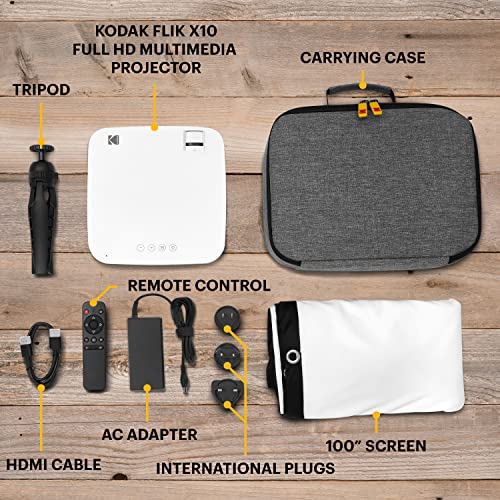 KODAK FLIK X10 Full HD Multimedia Projector Kit | 1080p Mini Compact Portable Home Theater System Bundle with 100” Projection Screen, Remote Control, Tripod Stand, HDMI Cable, Hooks & Carry Case