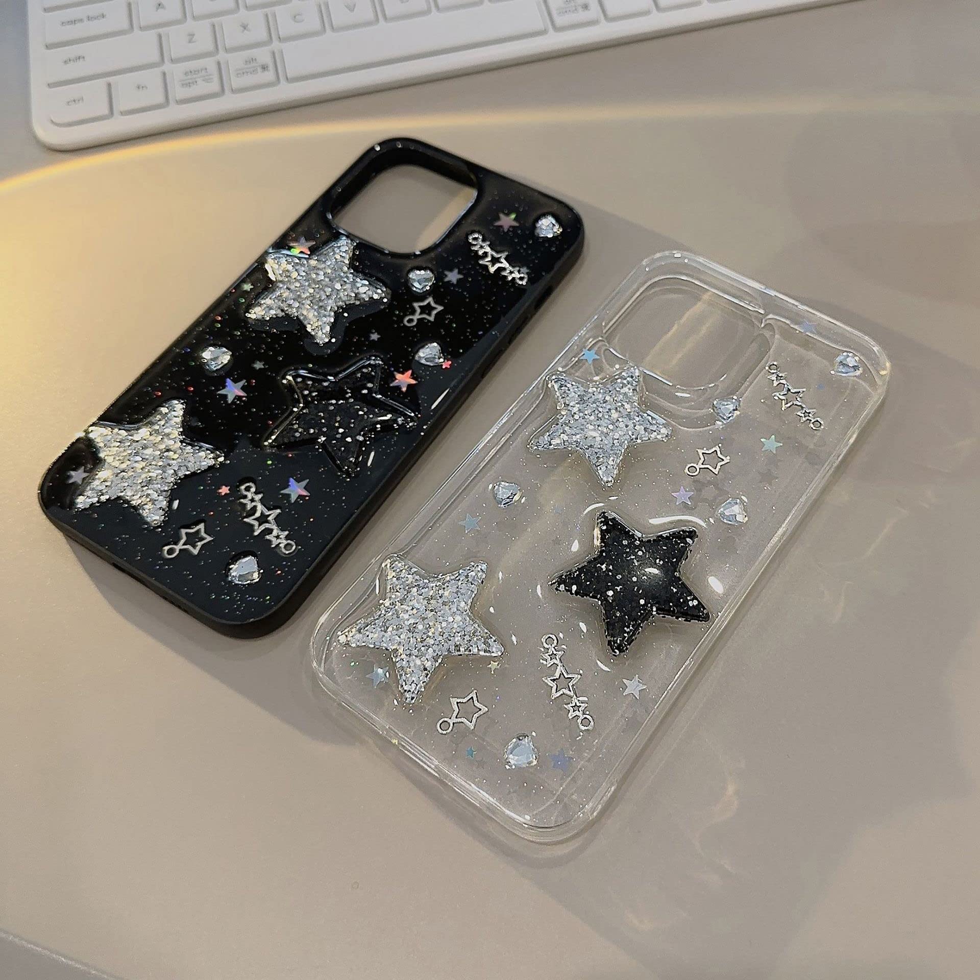 LOLAGIGI for iPhone 13 Pro Max Case Bling Stars 3D Hearts Diamond Twinkle Star Glitter Y2K Spark Luxury Girly Aesthetic Personalized Design for Women Girls Teens TPU Case, 6.7", Black