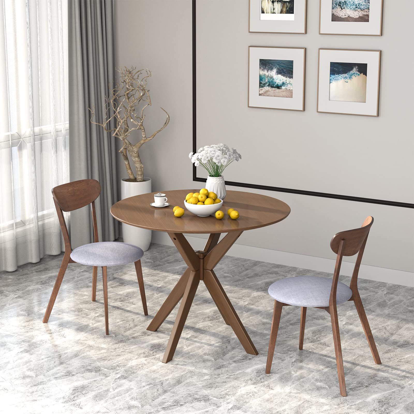 COSTWAY Dining Chairs Set of 2, Mid-Century Modern Kitchen & Dining Chairs with Curved Back and Cushioned Seat, Walnut Finished Wood Living Room Side Chairs for Kitchen, Dining Room, Bistro