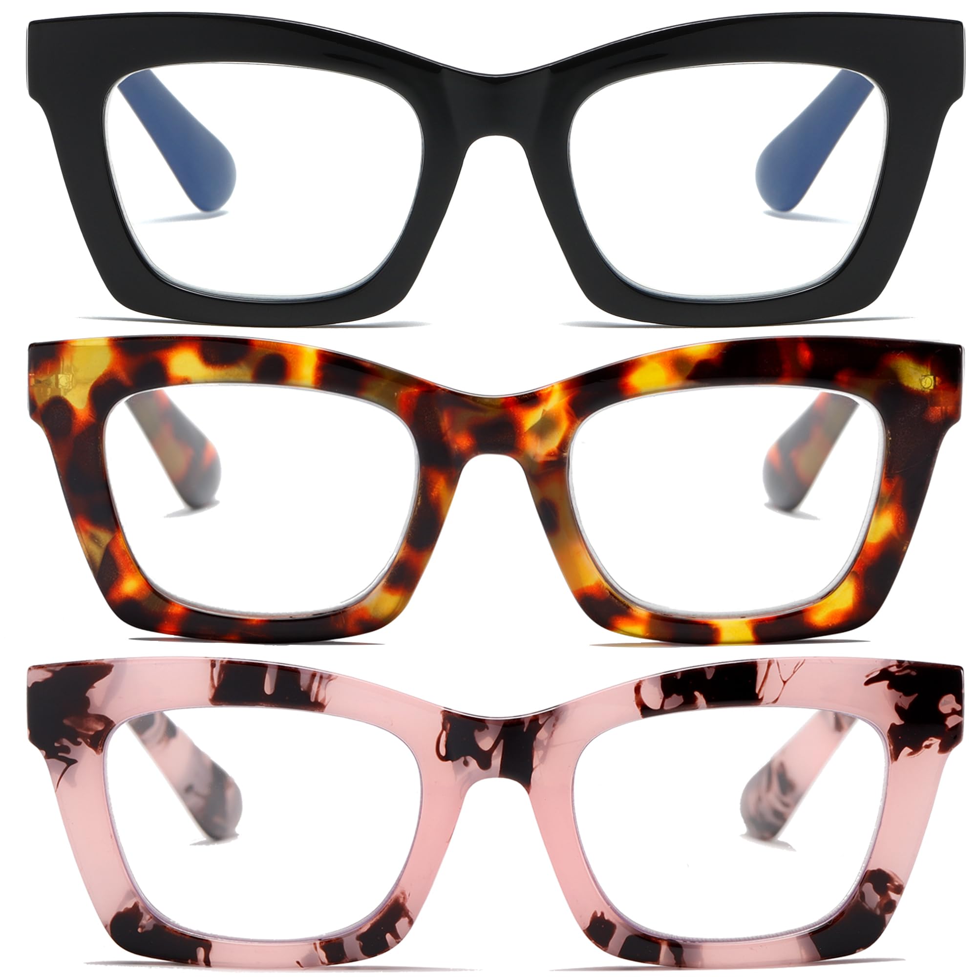 FSRTEP Oprah Style Readers for Women - 3 Pack Stylis Style Reading Glasses with Blue Light Blocking and Spring Hinge +1.75