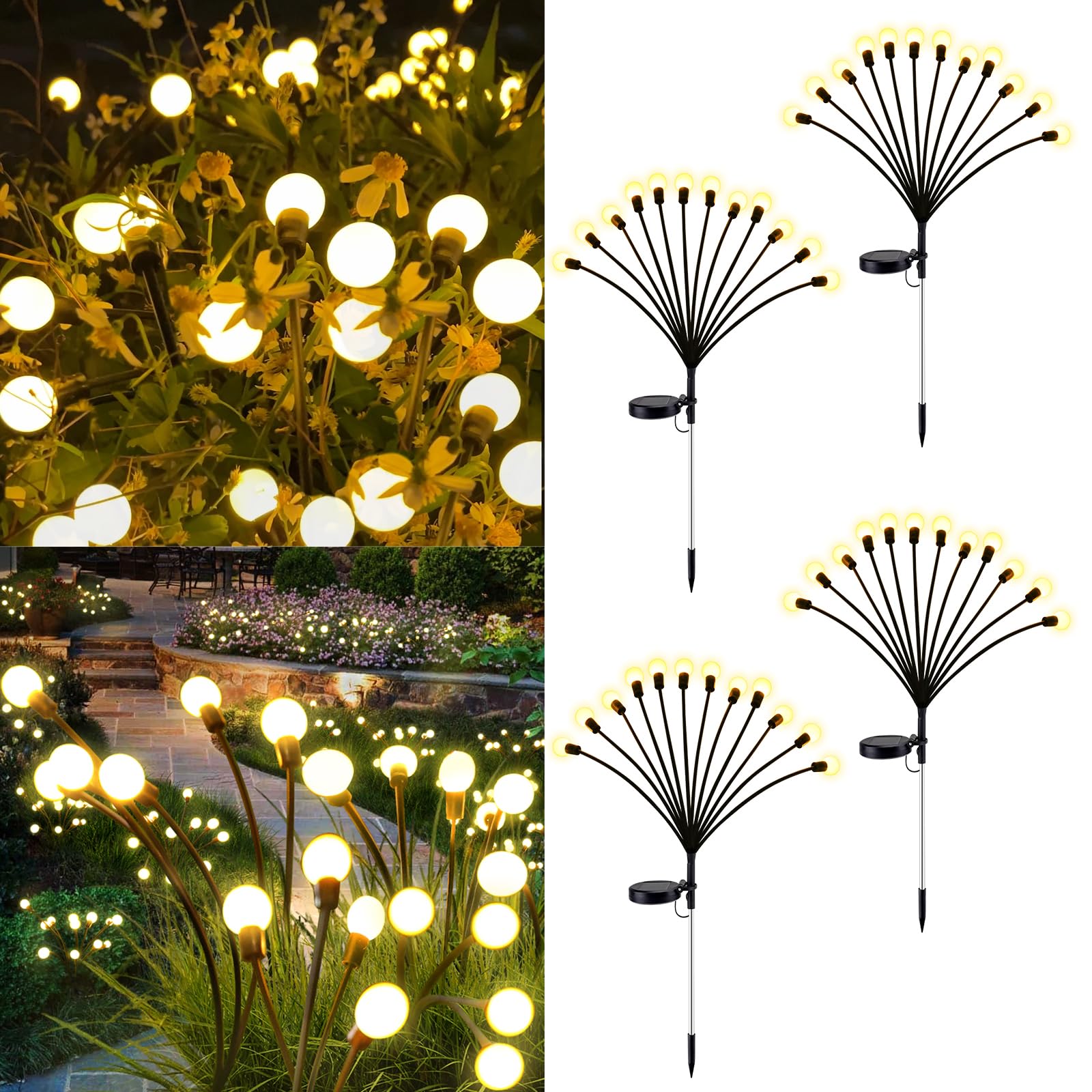 4 Pack 48 Big LEDs Solar Garden Lights-Firefly Lights Solar Outdoor Waterproof-2 Lighting Mode Solar Swaying Pathway Lights, Sway By Wind-Warm White Outdoor Solar Lights For Yard Patio Landscape Lawn