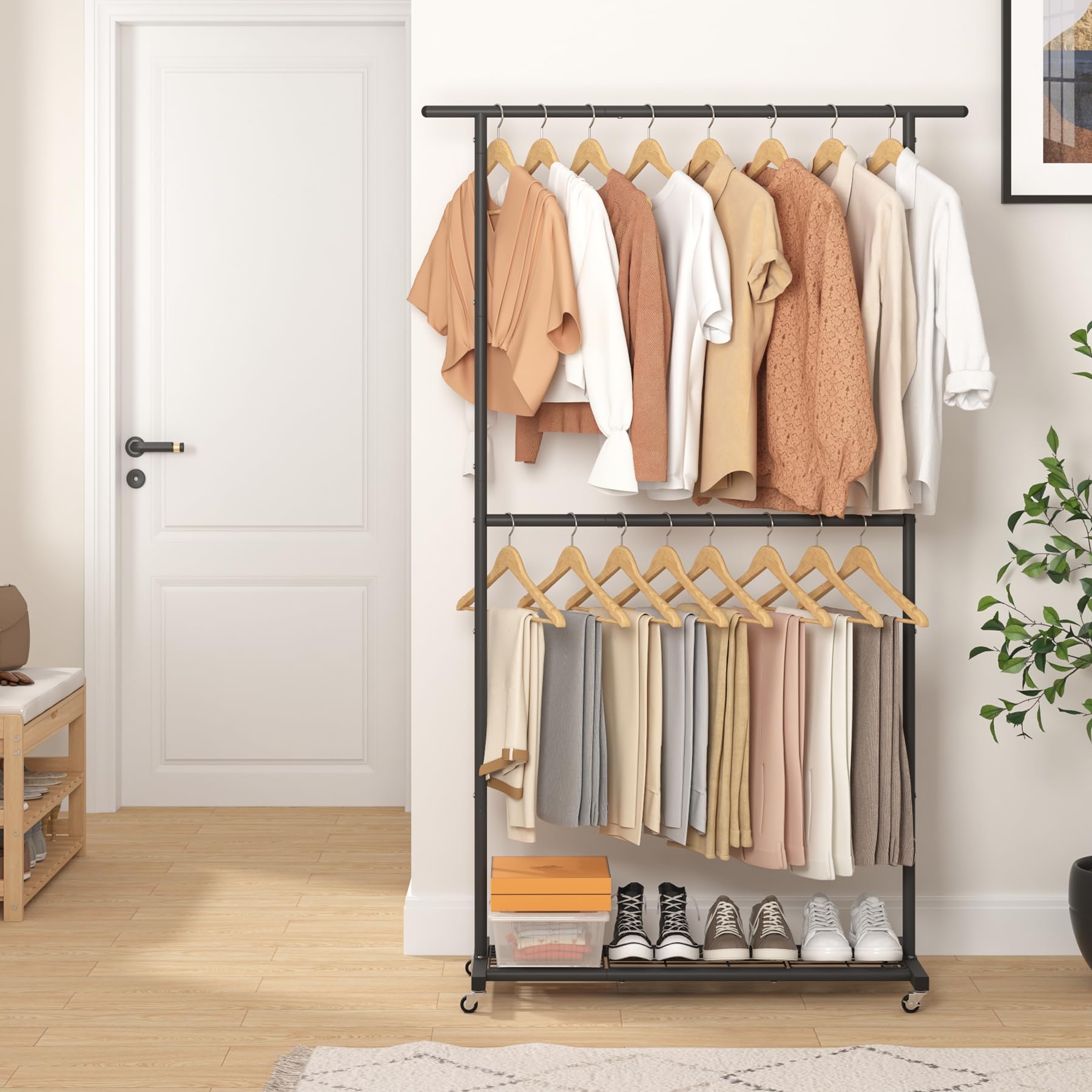 Sywhitta Double Rod Clothing Garment Rack, Rolling Coat Hanger with Bottom Mesh, Clothing Rack for Hanging Clothes, Coats, Skirts, Sweaters, Black