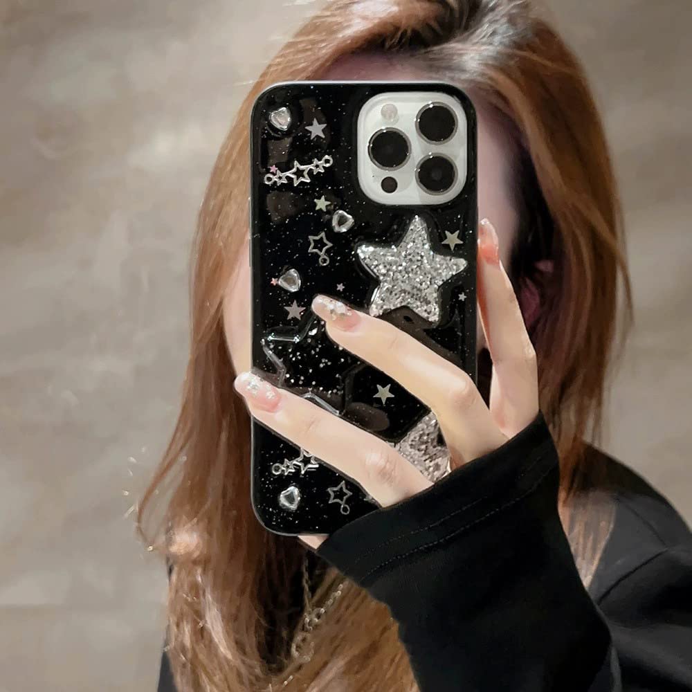 LOLAGIGI for iPhone 13 Pro Max Case Bling Stars 3D Hearts Diamond Twinkle Star Glitter Y2K Spark Luxury Girly Aesthetic Personalized Design for Women Girls Teens TPU Case, 6.7", Black
