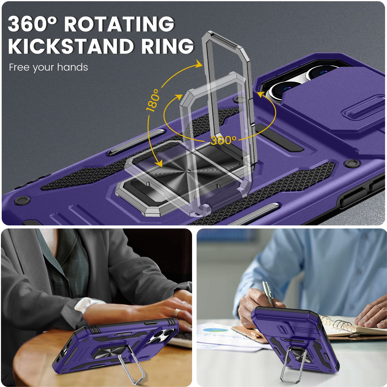 Maxdara for iPhone 14 Pro Max Phone Case, with Slide Camera Cover & Built-in Rotating Kickstand & Front Glass Screen Protector Phone Case for iPhone 14 ProMax 6.7 inch, Deep Purple