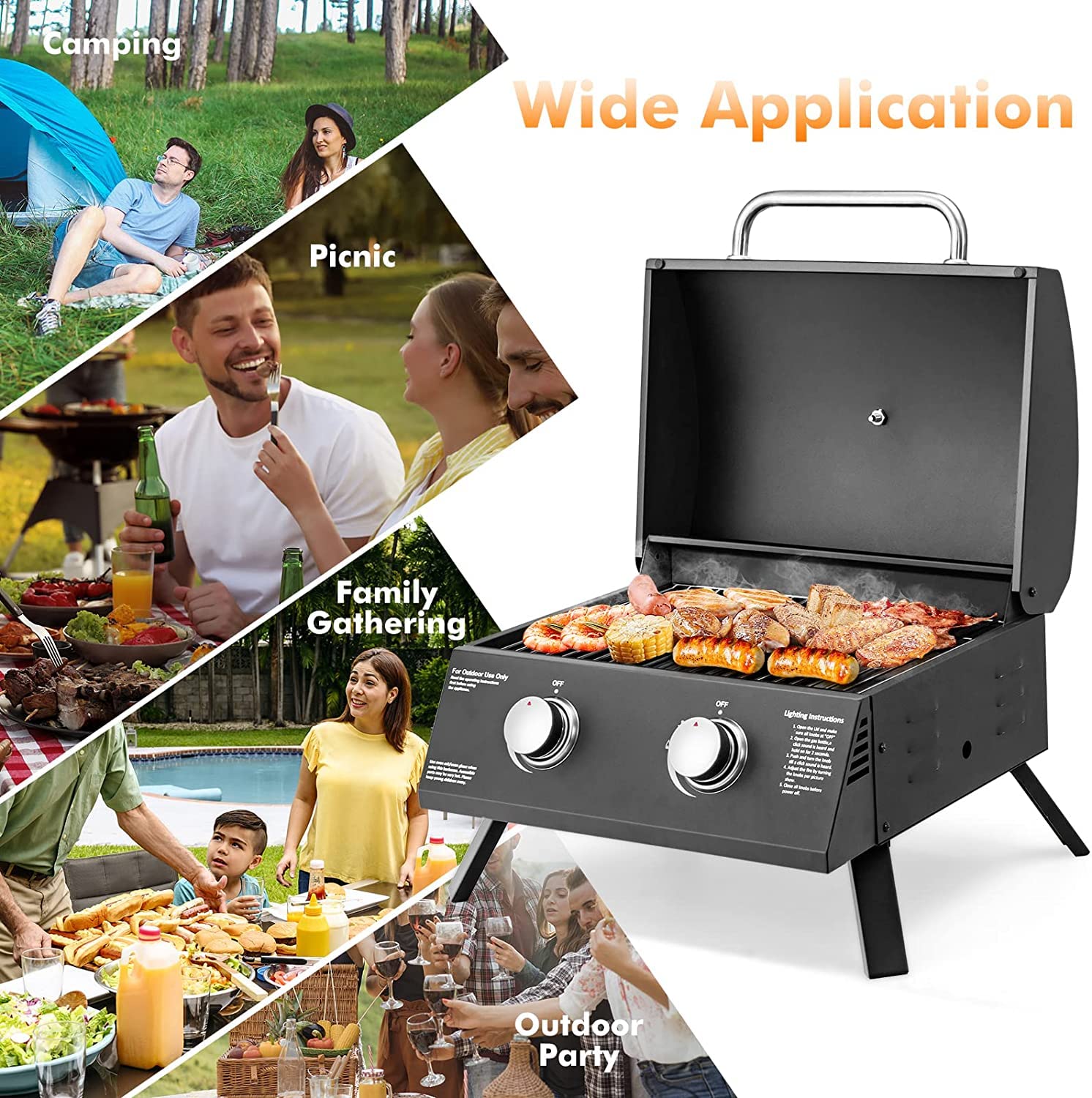 Grill Portable Gas Grill, 20,000 BTU Two Burner Tabletop Barbecue Grill w/Built-in Thermometer, Grease Tray, Waterproof Top Lid, Folding Legs, Compact Propane Grill for Backyard, Camping, Picnic