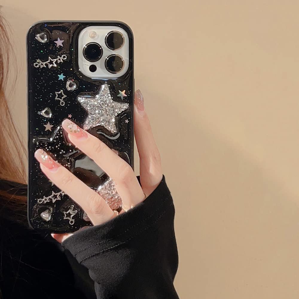 LOLAGIGI for iPhone 13 Pro Max Case Bling Stars 3D Hearts Diamond Twinkle Star Glitter Y2K Spark Luxury Girly Aesthetic Personalized Design for Women Girls Teens TPU Case, 6.7", Black