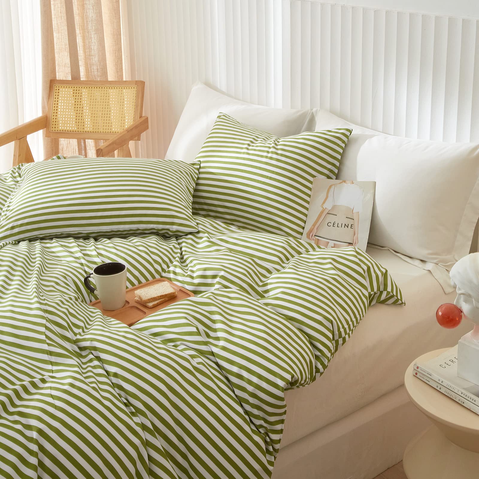EAVD Duvet Cover Twin Green Striped Duvet Cover Soft Microfiber Green and White Striped Bedding Set with 2 Pillowcases Reversible Geometric Striped Comforter Cover with Zipper Closure