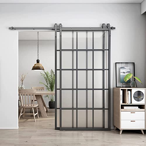 BARNSMITH Bypass Double Glass Barn Door 84 x 84 in with 7.5FT Side-Mounted Hardware Kit, 2 Sets of 42x84 Frosted Glass Aluminum Frame Barn Door,Assemble Required (2 * 42inx 84in)