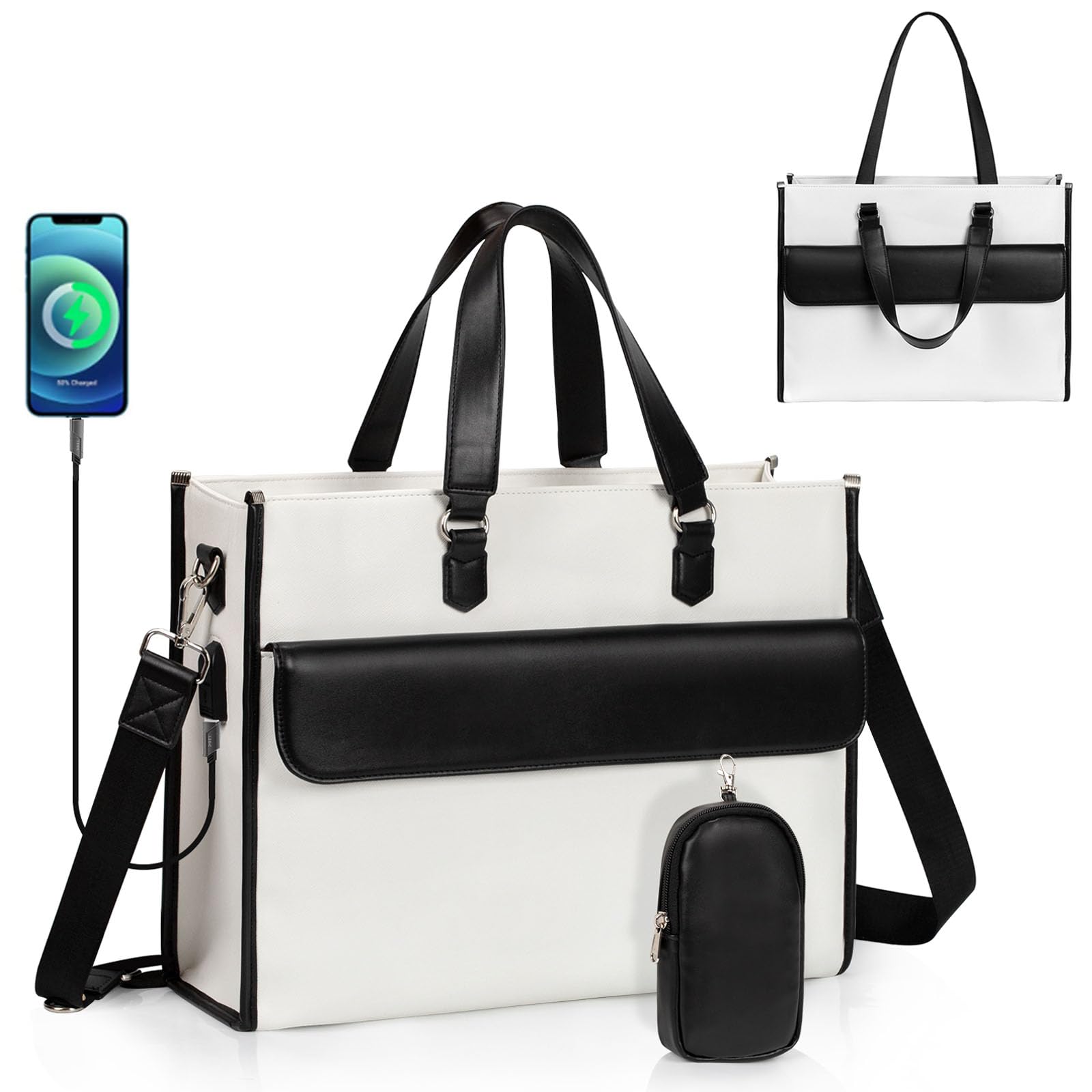 Laptop Bag for Women, Laptop Tote Bag 17 Inch, Waterproof Leather Computer Tote Bag with USB Charging Port, Women Briefcase Business Office Work, Large Capacity Handbag Shoulder Bag White
